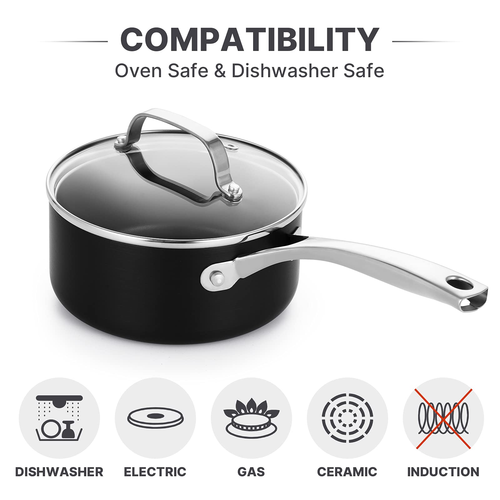 QStar 1.5 qt Hard-Anodized Aluminum Nonstick Sauce Pan in Black with Lid and Stainless Steel Handle