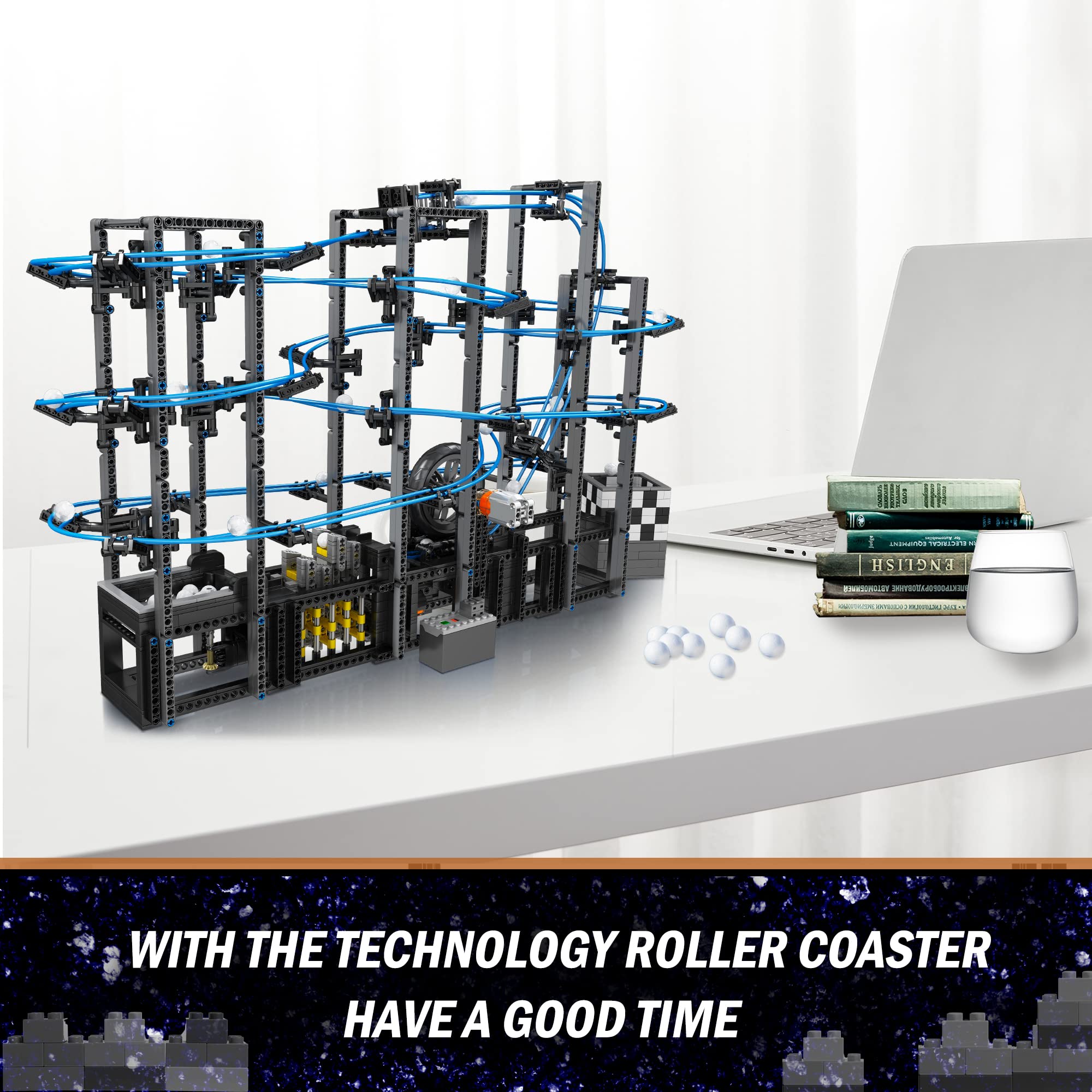 Addshiny Moc Roller Coaster Assembly Line Building Set,Great Marble Run Track Ball Kit with Hyper Speed Motor, Educational Pieces Contraptions Race Game for Kids (Roller Coaster)(2438 Pieces)