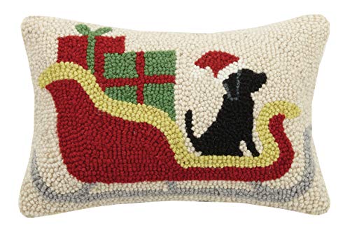 Peking Handicraft Christmas Sleigh Black Lab Dog Christmas Mini Hooked Wool Pillow - 8" x 12"