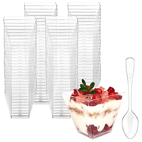 Hiasobre 100 Pack 2 oz Mini Dessert Cups with Spoons, Square Clear Plastic Appetizer Cups, Reusable Parfait Cups, Small Dessert Bowls for Serving Fruit Ice Cream Pudding Yogurt