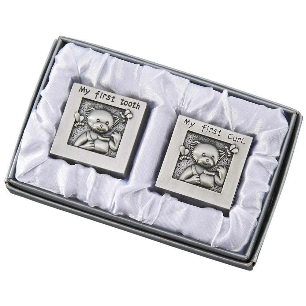 Creative Gifts International My First Tooth & My First Curl Teddy Bear Boxes, Brushed Pewter, Gift Box Included