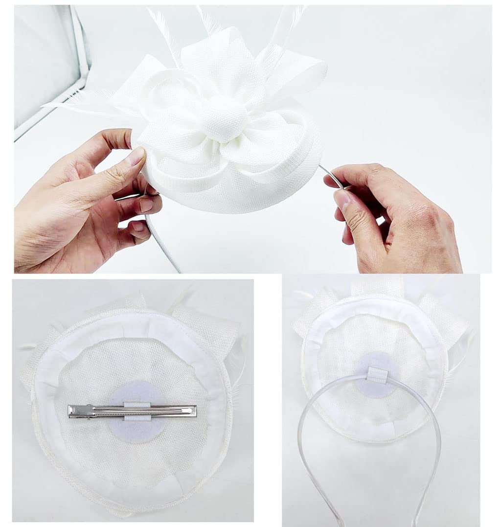 Ahugehome Fascinator Hats for Women Feather Headband Fascinators Pillbox hat Wedding (H White)
