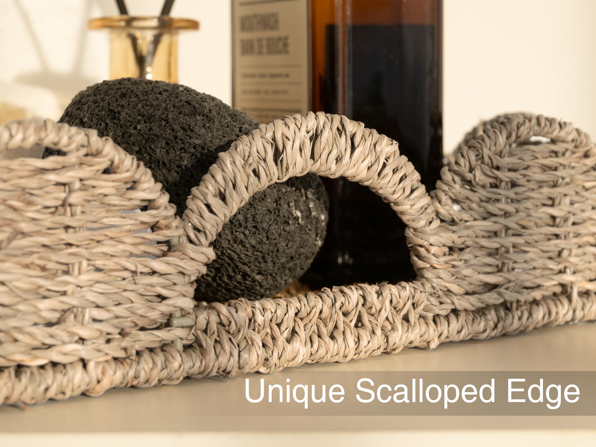 StorageWorks Scalloped Tray, Wicker Rattan Serving Tray with Handles, Woven Rectangle Seagrass Tray, Scalloped Basket Table Décor Trays, Rattan Basket Tray for Ottoman Decorative and Organizer Trays