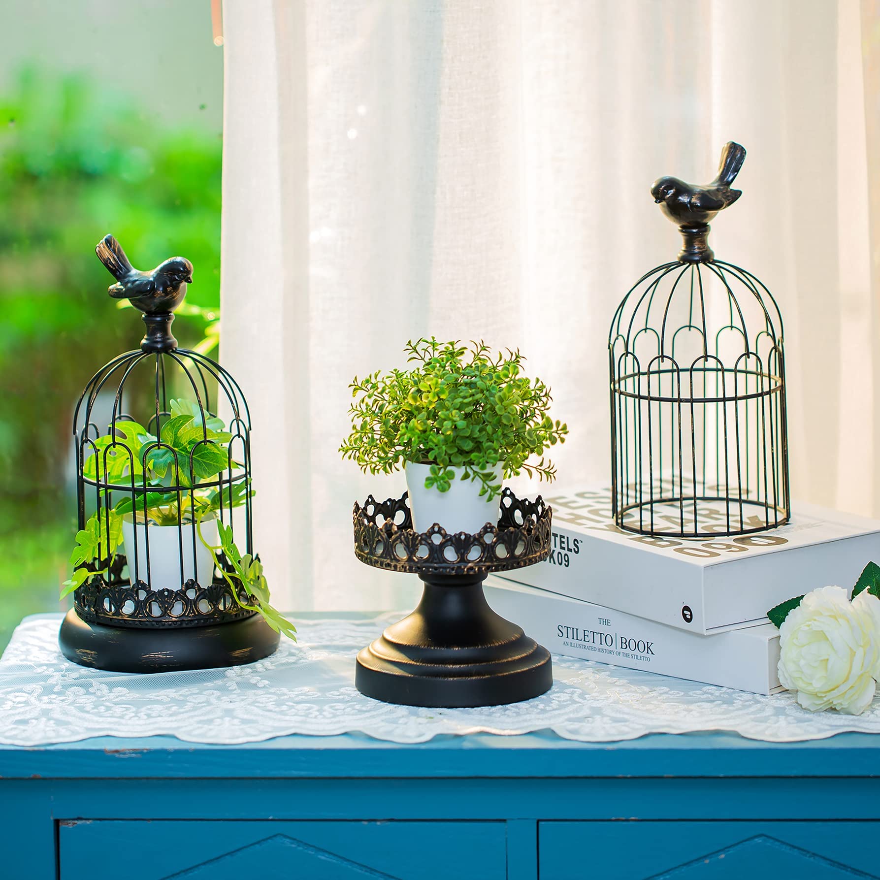 Decorative Candle Holder Bird Cage - Set of 2 Cage Lanterns for Candleholder Shabby Chic Country Home Decoration Table Centerpiece Mantel Decor, 10’’/12’’ Tall, Distressed Ivory
