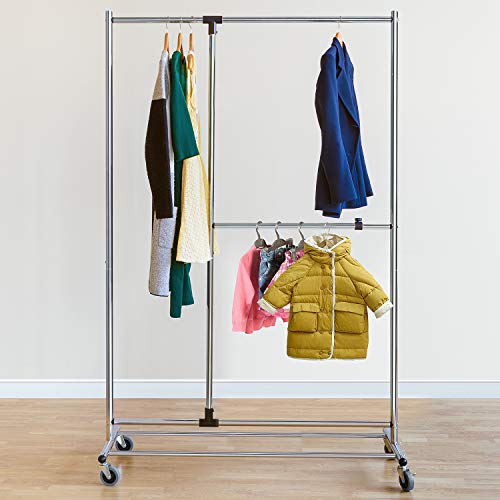 Tatkraft Marvel Heavy Duty Adjustable Clothes Rack on Wheels, Rolling Double Rod Garment Rack, Chromed Steel