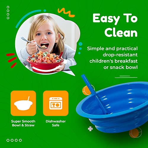Green Direct Sippy Bowl With Straw and Spoons | 22 Ounce Plastic Cereal Bowls With Straws BPA Free Assorted Color | Built-in Straw Bowl Blue Red Green Yellow Pack of 4