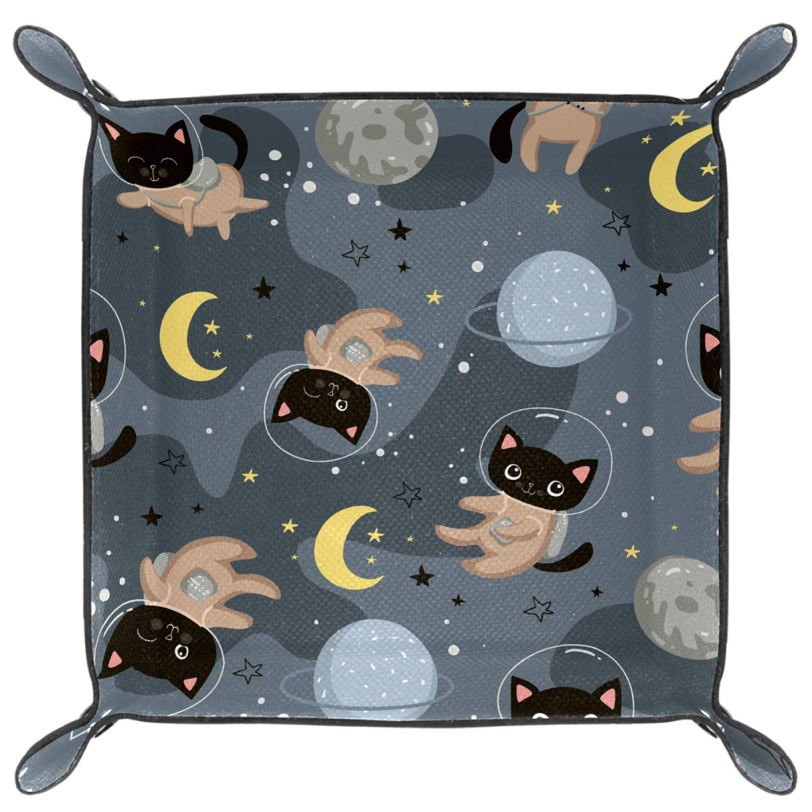 delayer Dice Tray, Folding Tray PU Leather Dice Rolling Tray Holder for RPG Dice Gaming and Other Board Game Table Games,Cute Cats Astronauts Helmets Grey,16x16cm