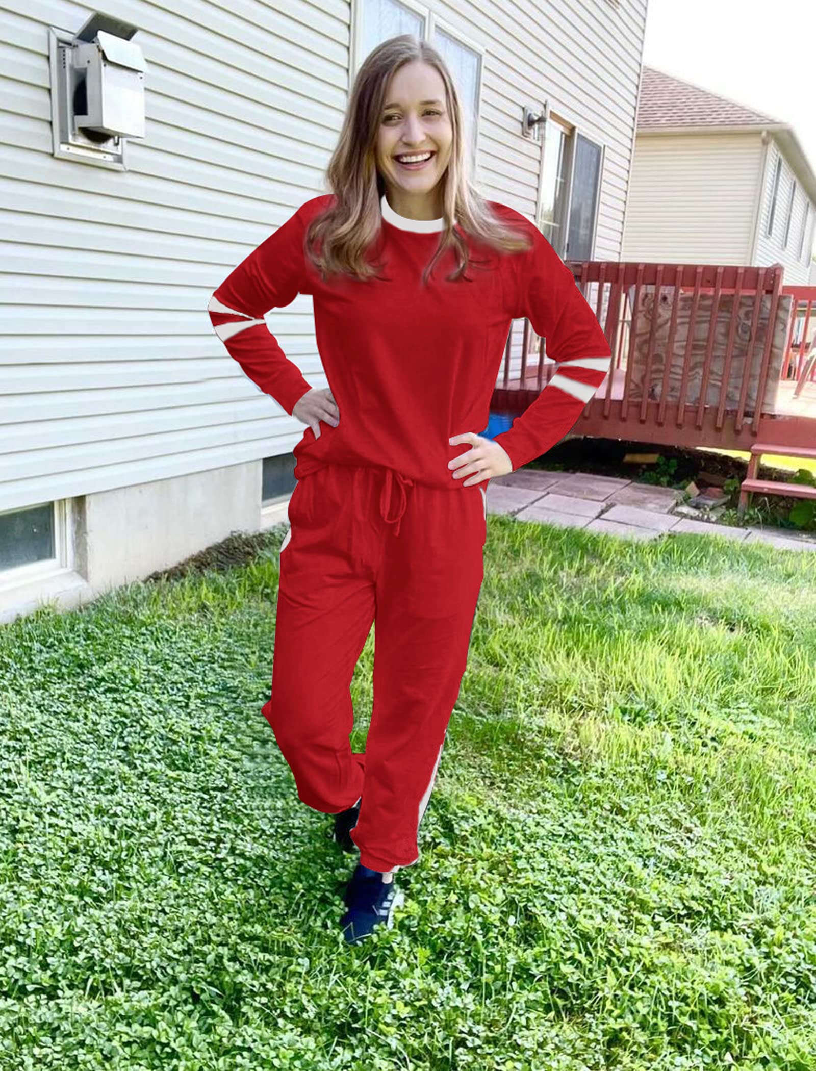 Aloodor Lounge Sets for Women 2 Piece Travel Outfits Stripe Sleeve Tops Red L