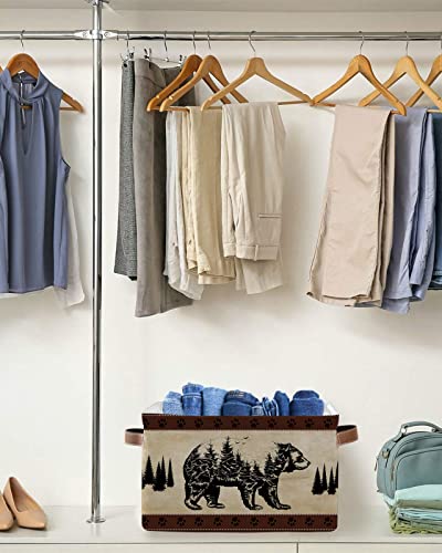 Bear Pine Trees Silhouettes Storage Basket for Shelves, Retro Paper Storage Cube Fabric Storage Bins, Closet Organizers with Handles for Book, Toys, Cloth, 15x11x9.5 Inch