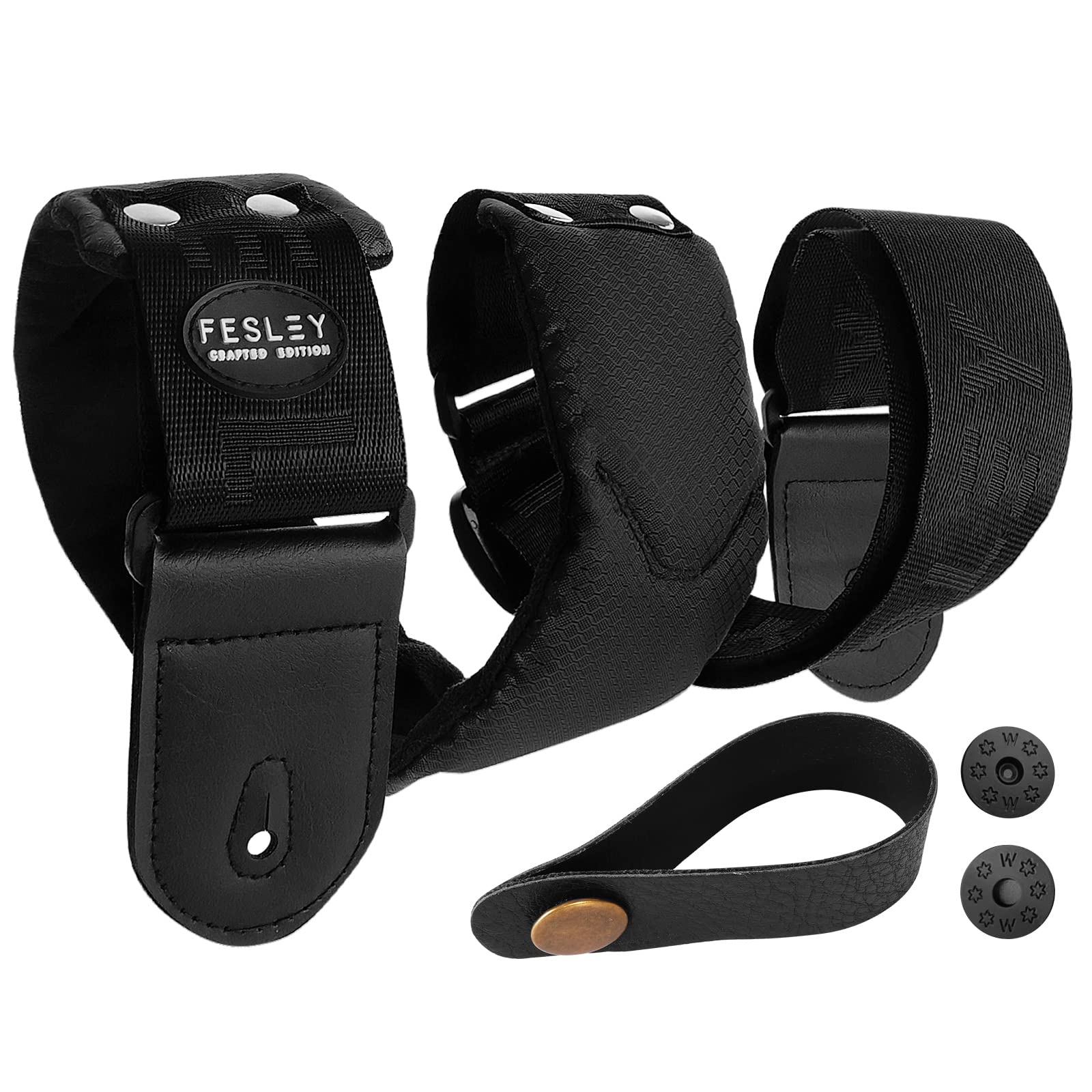 Acoustic Guitar Strap, Fesley Adjustable Guitar Strap for Bass & Electric Guitar, Bionic Leather Acoustic Guitar Strap with 2.8” Wide Memory Foam Pad, Adjustable Length from 43” to 54”, Black
