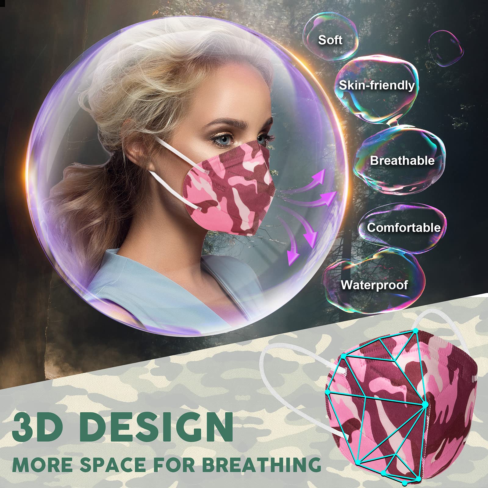 AHOTOP KN95 Face Masks for Teens Adults Men Women, 25PCS Individually Wrapped 5 Layers Disposable Face Masks Against PM2.5, Camo Face Mask, Filter Efficiency ≥95%