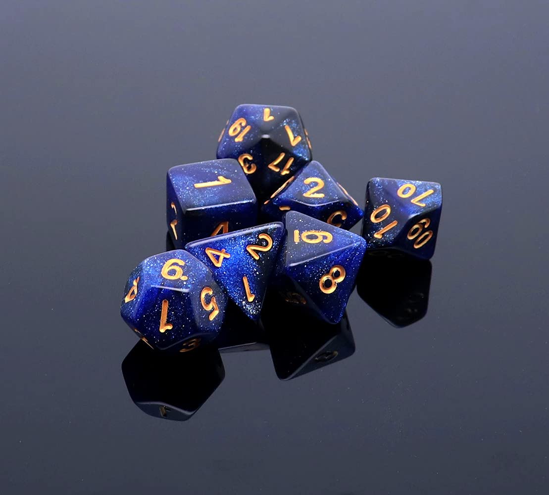 CREEBUY DND Dice Set Dark Blue Mix Black Nebula Dice for Dungeon and Dragons D&D RPG Role Playing Games 7Pcs Polyhedral Dice with Dice Bag