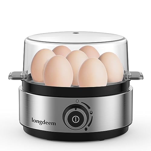 Electric Egg Cooker & Vegetable Steamer by Longdeem - Rapid Auto Shut-Off, 7 Egg Tray, BPA-Free, Stainless Steel - Includes Measuring Cup - Ideal for Poached, Soft, Medium & Hard Boiled Eggs