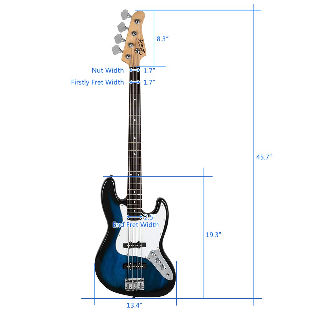 Glarry Gjazz Electric Bass Guitar 4 String Full Size for Beginner Right Hand with Shoulder Strap, Wrench Tool, Power Line and Bag (Dark Blue)
