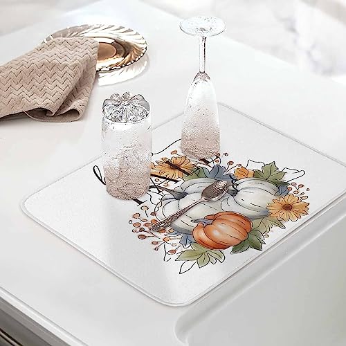 Hello Fall Dish Drying Mat for Kitchen Counter, Thanksgiving Grey Orange Pumpkins Baby Bottle Microfiber Drying Pad, Autumn Sunflower Botanical Absorbent Coffee Cup Dishes Drainer Mats 18"x24", 1 Pcs