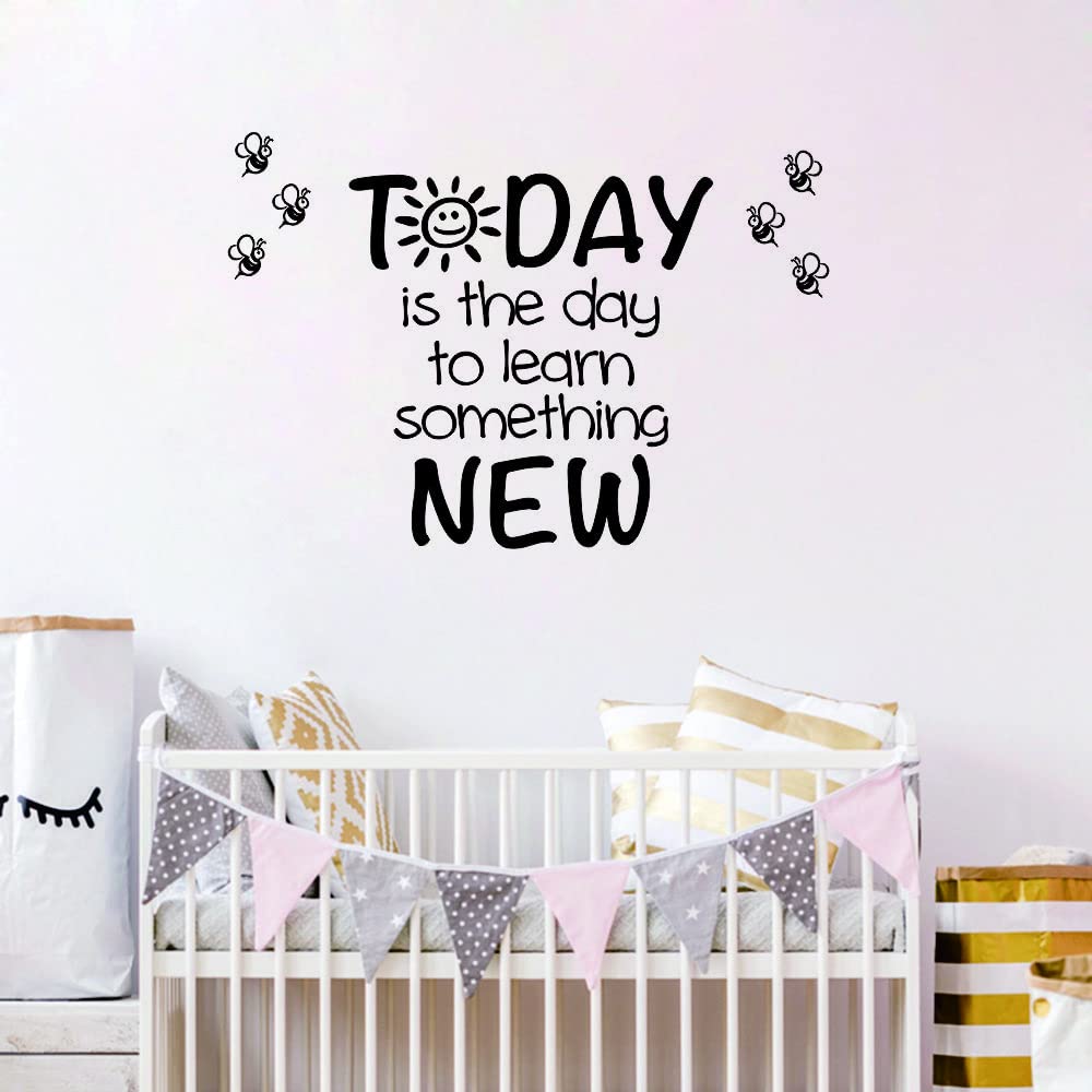 ANFRJJI Love Learning, Start Now Inspirational Words Wall Decal - Little Bee and Sun Smile PVC Removable Wall Sticker for Student and Kids Room Decor -Effect 26"x37"inch (black-JWH255-Today)