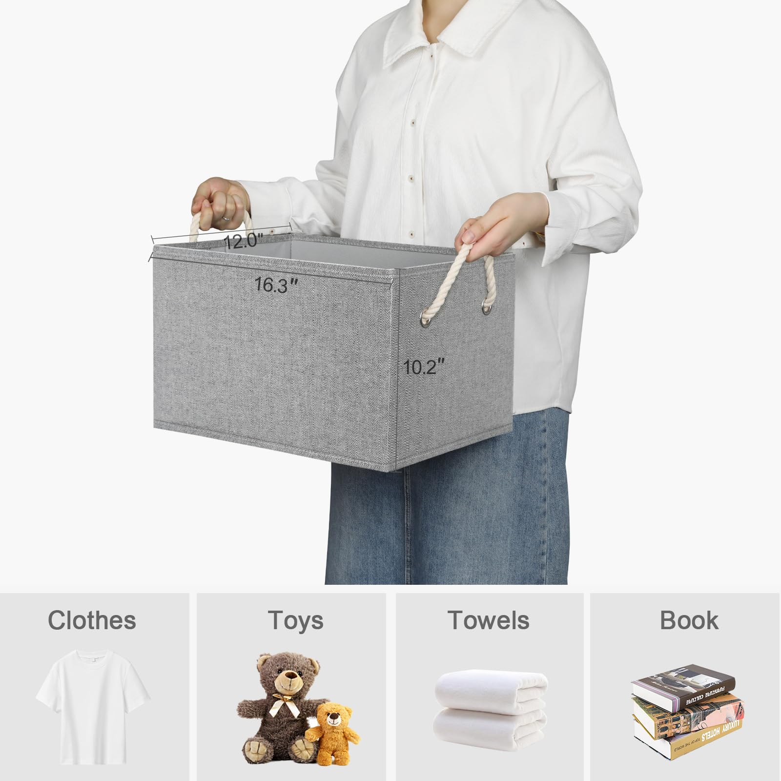 TOPIA HOME Closet Organizers and Storage Bins for Shelves, EXTRA LARGE, 3-Pack Foldable Storage Baskets for Organizing with Rope Handles, Collapsible Fabric Cube Organization Boxes, Gray, TP03DG