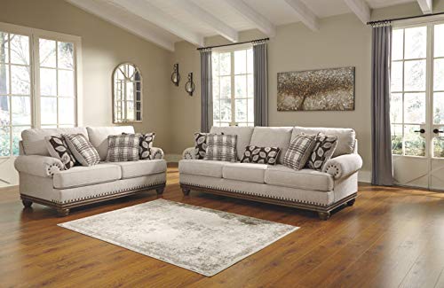 Signature Design by Ashley Harleson Modern Farmhouse Loveseat with Nailhead Trim and 4 Accent Pillows, Beige