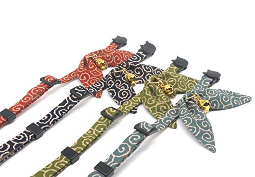 PetSoKoo Cute Bunny Ears Bowtie Cat Collar with Bell, Ancient Arabesque Print, Japan Lucky ’開三運’ Charm. Safety Breakaway, Soft, for Girl Boy Male Female Cats,Light Blue