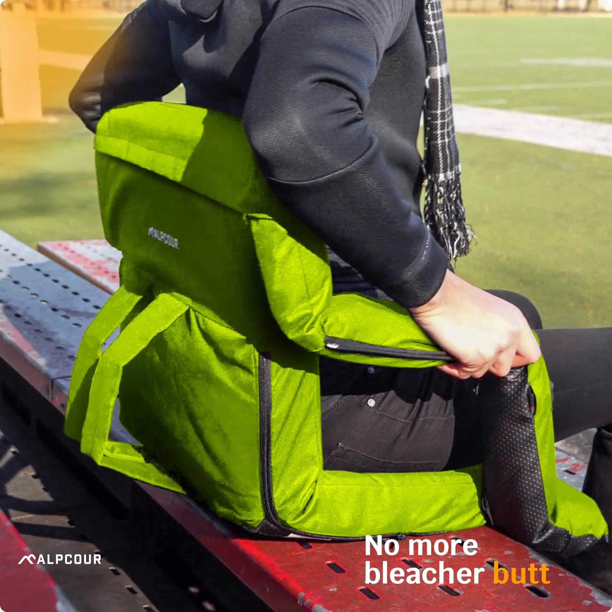 Alpcour Reclining Stadium Seat β Wide Bleacher Chair with Back Support and Cushion, Armrests, Side Pockets, and Bleachers Hook β Best Stadium Seats Chairs for Camping, Kayak, & Paddle Board Backs