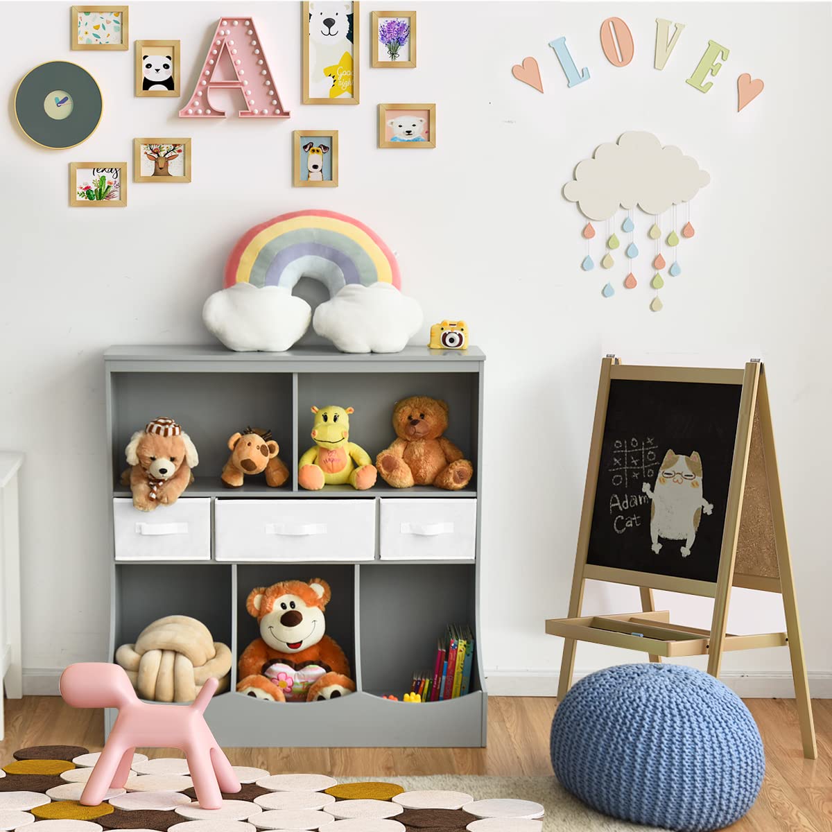 HONEY JOY Kids Toy Storage Organizer with Bookcase, 8-Cubby Organization Storage Cabinet w/Display Shelf & 3 Removable Fabric Bins, Wooden Toy Storage Unit for Playroom, Nursery Daycare(Gray)