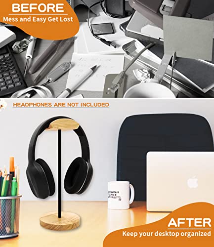 Bliocefo Headphone Stand Nature Wood & Aluminum Headset Hanger Mount Hook Gaming Holder Desktop Earphone Artful Functional Craftmanship Stand for All Headsets with Solid Wooden Base