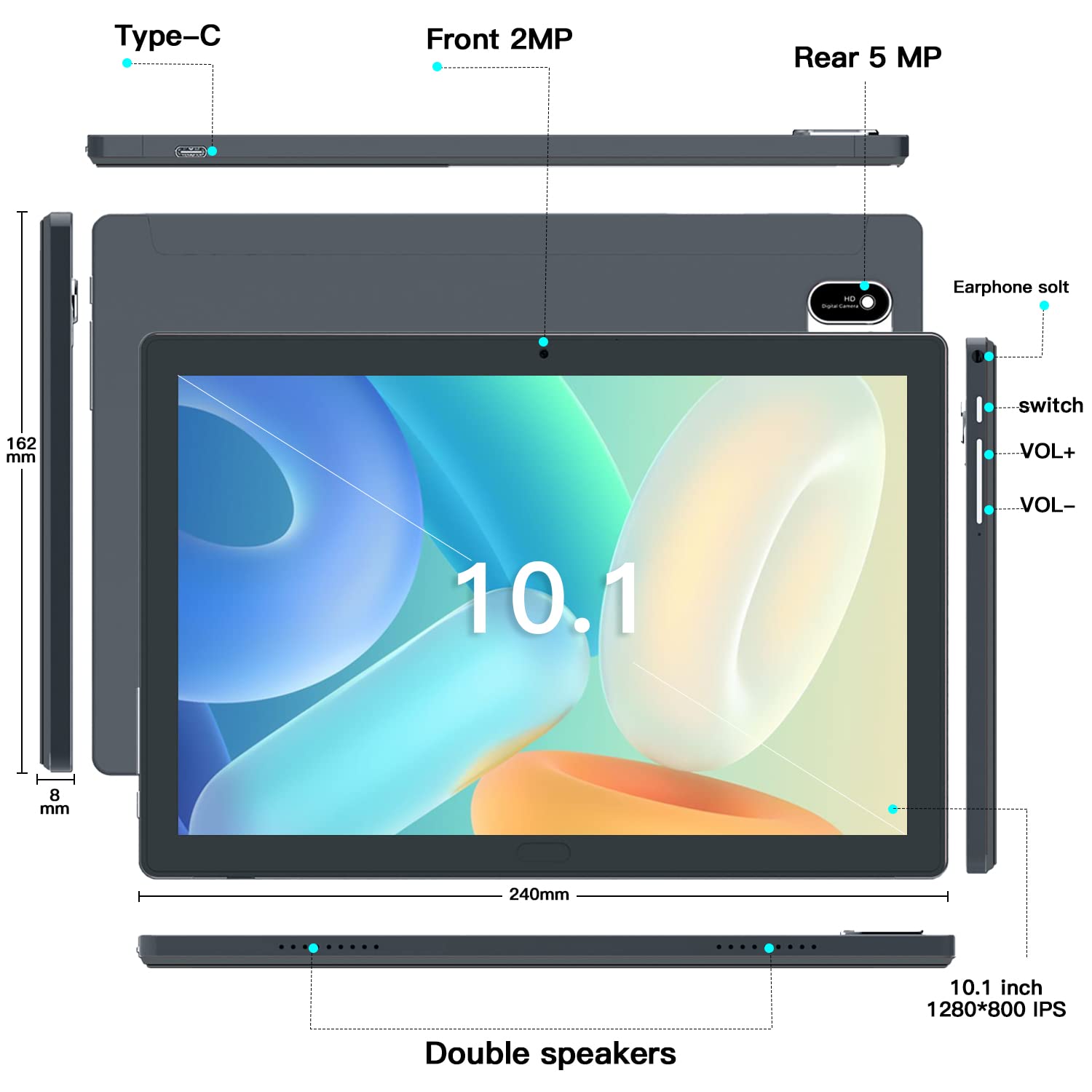 AOYODKG Android Tablet with Keyboard, 2 in 1 Tablet 10 Inch, 64GB ROM 4GB RAM 256GB Expandable, Newest Quad-Core Processor, WiFi Android 11 Tablet, Dual Camera, 6000mAh, Bluetooth, FM
