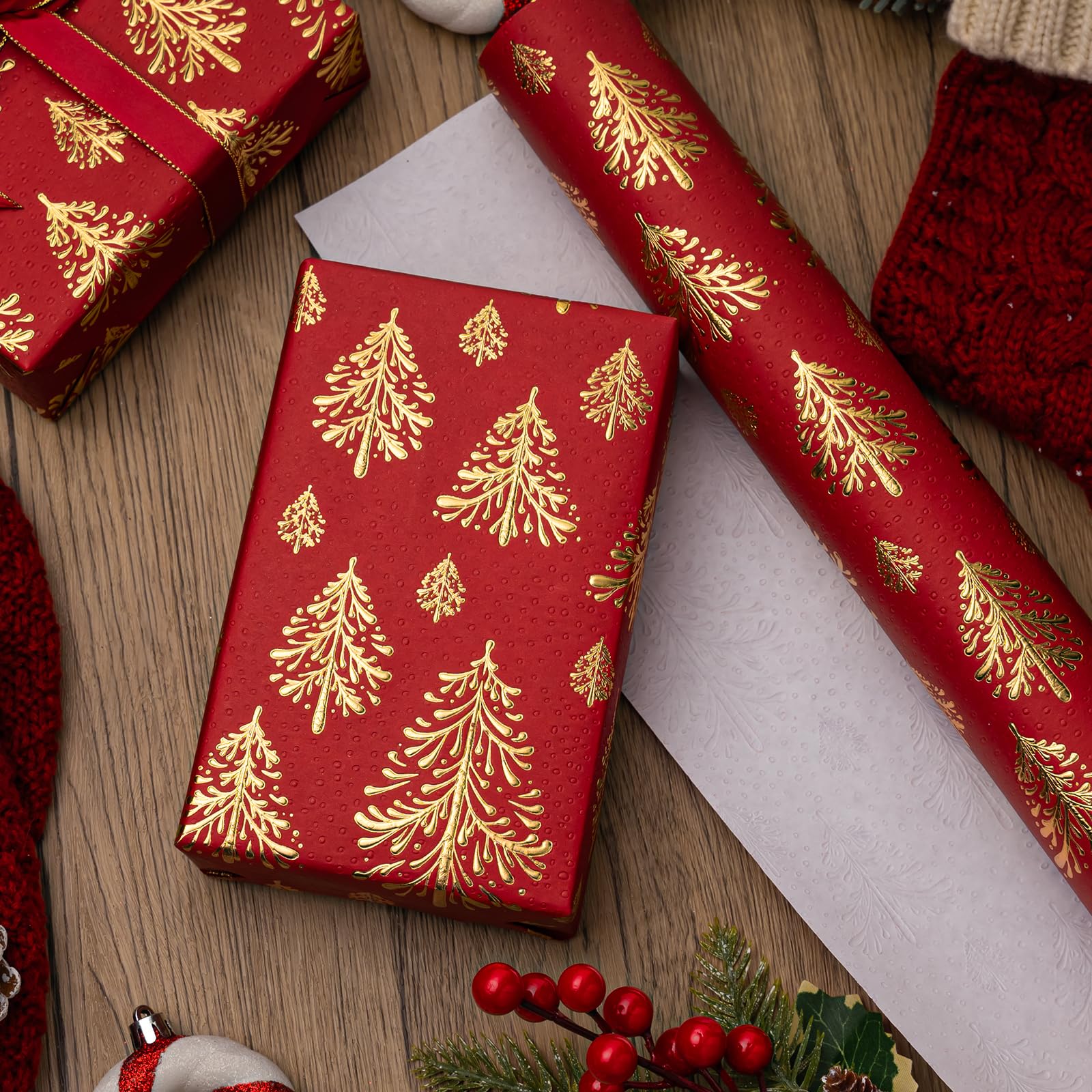 Flyhill Kraft Christmas Wrapping Paper-17inch*32.8ft(46.8sq.ft.ttl Per Roll- Red and Gold 3D Embossed Foil Christmas Trees Design for New Year,Birthday,Party,Craft & Art