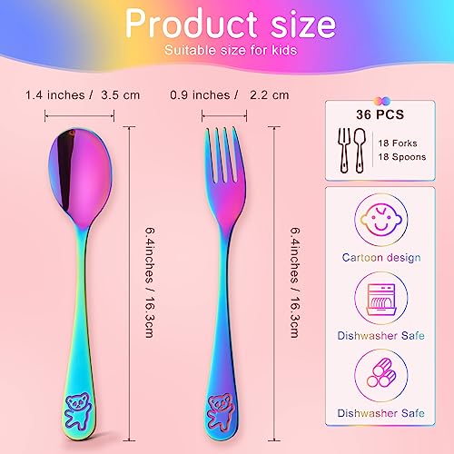Dandat 36 Pcs Stainless Steel Toddler Utensils, Rainbow Kids Silverware Set Includes Small Kids Spoons and Forks, Metal Kids Cutlery Set, Child Safe Flatware, Dishwasher Safe (UV Rainbow)
