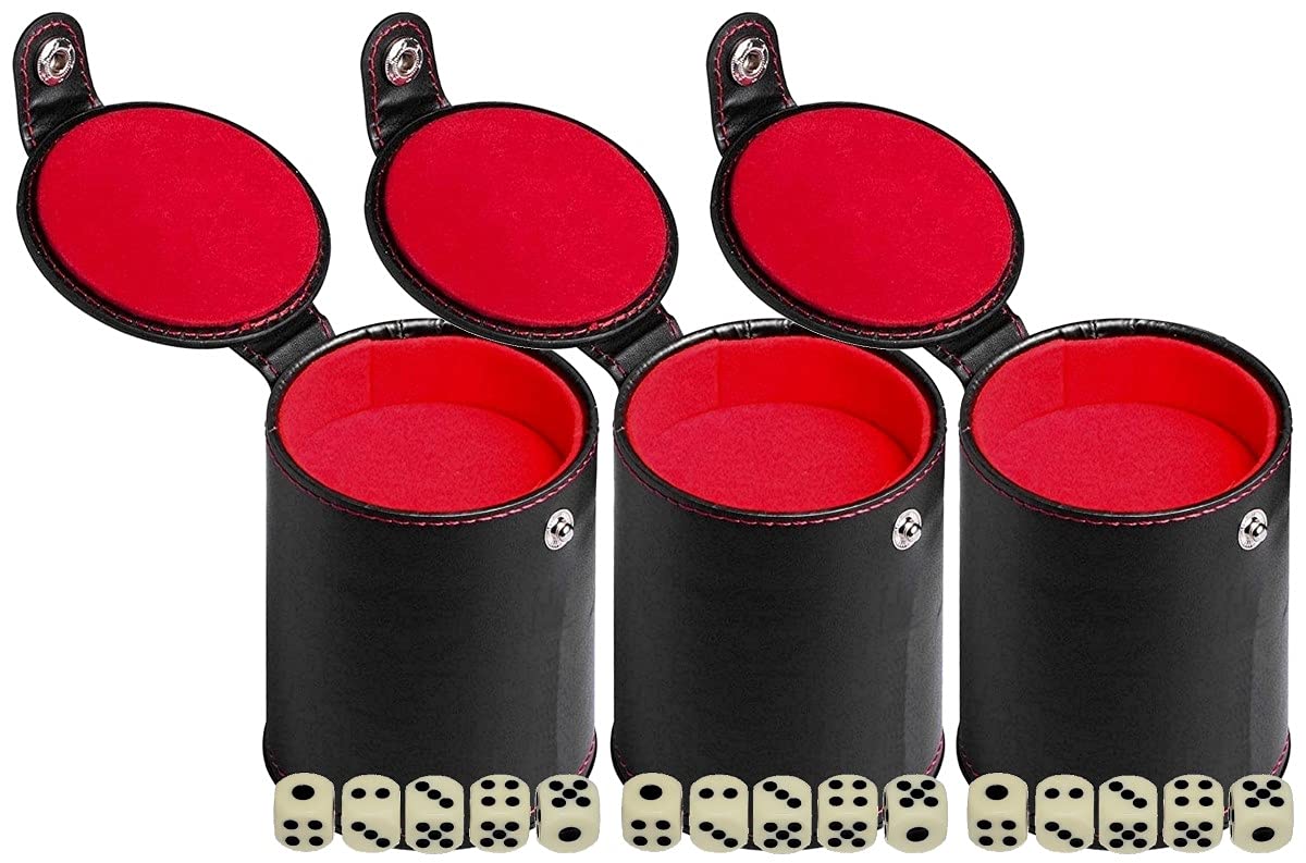 Cyber-Deals Black PU Leather Red Felt Lined Dice Cup with Storage Compartment + 15mm Ivory Tone Pip Dice (3 Sets)