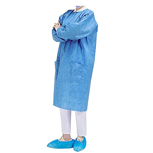 Greenour Disposable Lab Coat Blue Pack of 10 SMS with Pockets for Adult Knitted Collar and Cuffs Breathable Fluid Resistant(X-Large