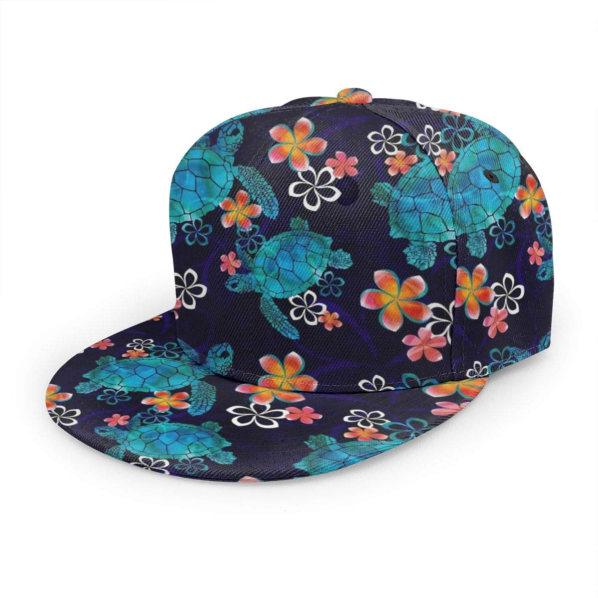 antkondnm Sea Turtle with Flowers Snapback Hat Unisex Trucker Hat Hip Hop Plaid Flat Bill Brim Adjustable Baseball Cap