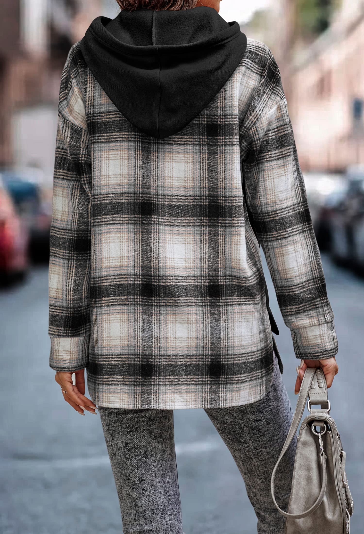 Angashion Womens Hoodies Long Sleeve Plaid Patchwork Tops Color Block Lightweight Fake Two-Piece Casual Pullover #Black Small