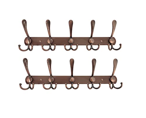 FairyCity Coat Rack Wall Mounted, Metal Heavy Duty Coat Hooks Rail,5 Tri Hooks Wall Coat Hanger Rack for Bedroom,Bathroom Dorm Hanging Towel Clothes Hat Jacket etc (Bronze-2 Pack)