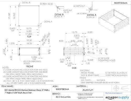 BUD Industries RM-14213 Aluminum Rackmount Chassis 19" L x 17.19" W x 6.97" H, Natural