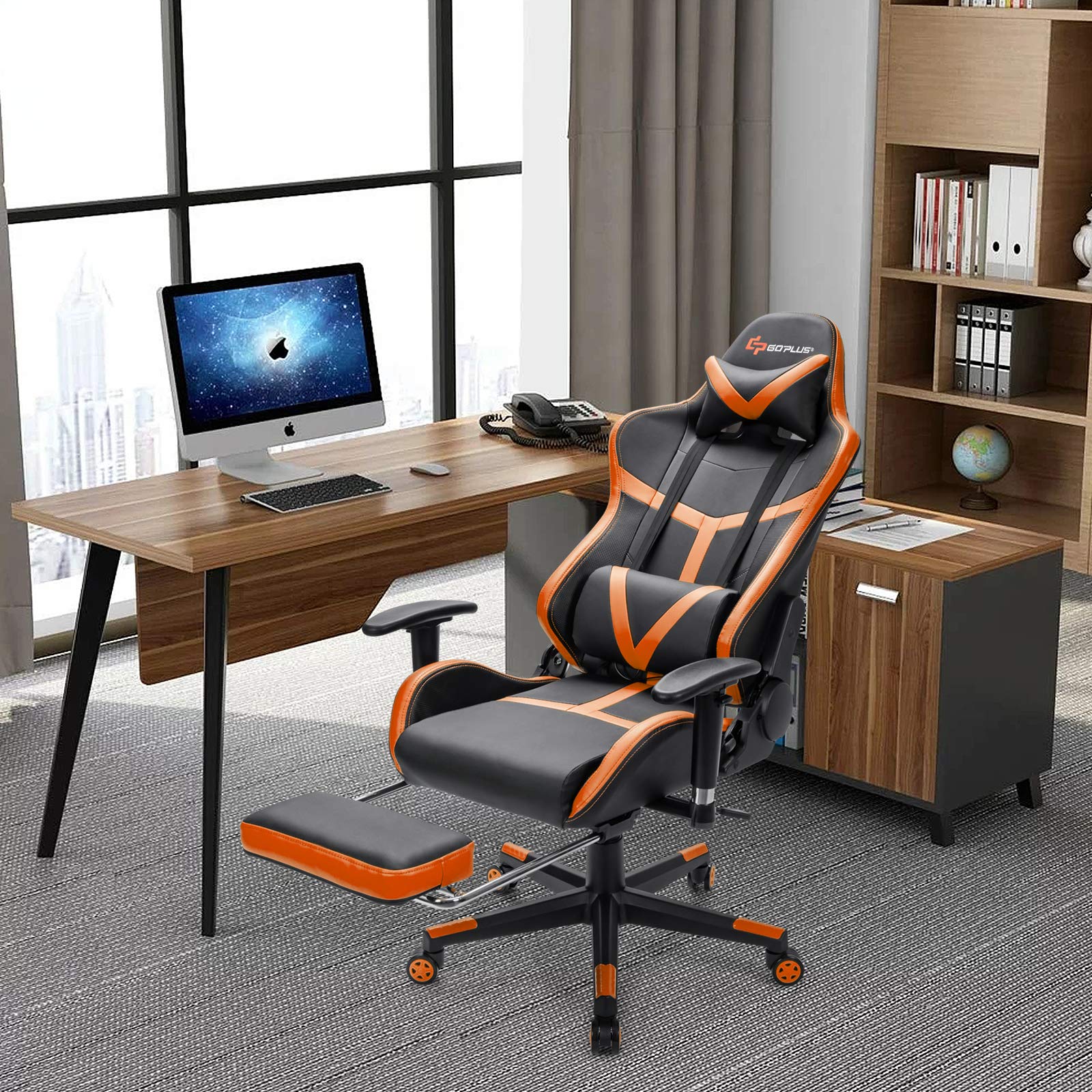 Goplus Gaming Chair, Massage Office Chair Computer Gaming Racing Chair, High Back PU Leather Adjustable Ergonomic Reclining PC Game Chair, Rolling Swivel Executive Chair with Footrest (Blue)