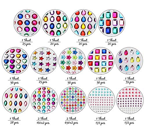 Jewel Gem Sticker 1852Pcs Self Adhesive Craft Stickers Rhinestone Bling Jewels Sticker for Makeups/DIY Nail/Body/Phone Decoration, 16 Sheets