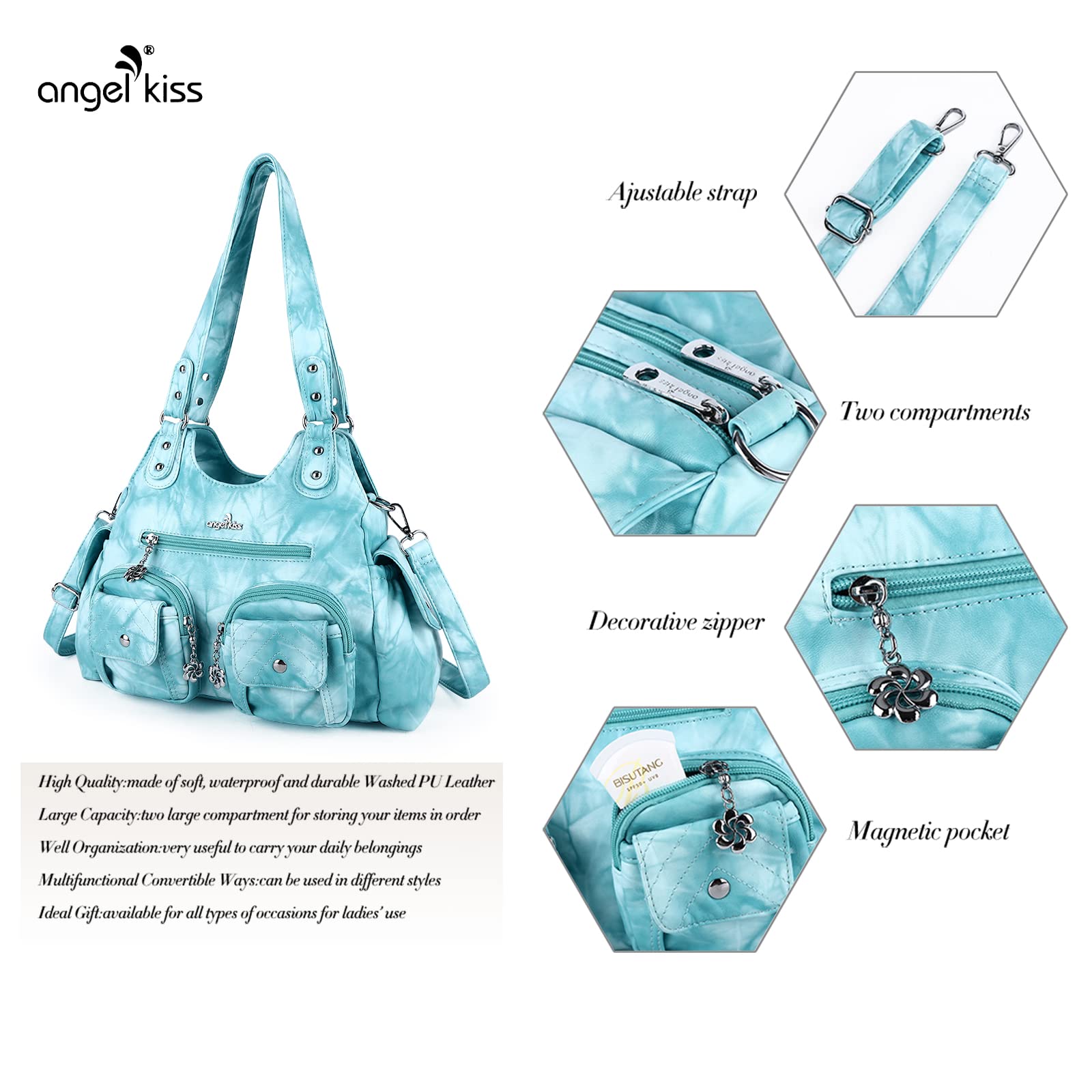 Angel Kiss Handbags for Women Hobo Bags for Large Tote Bag Soft PU Leather Multi-Pocket Shoulder Bag Top Handle Handbag