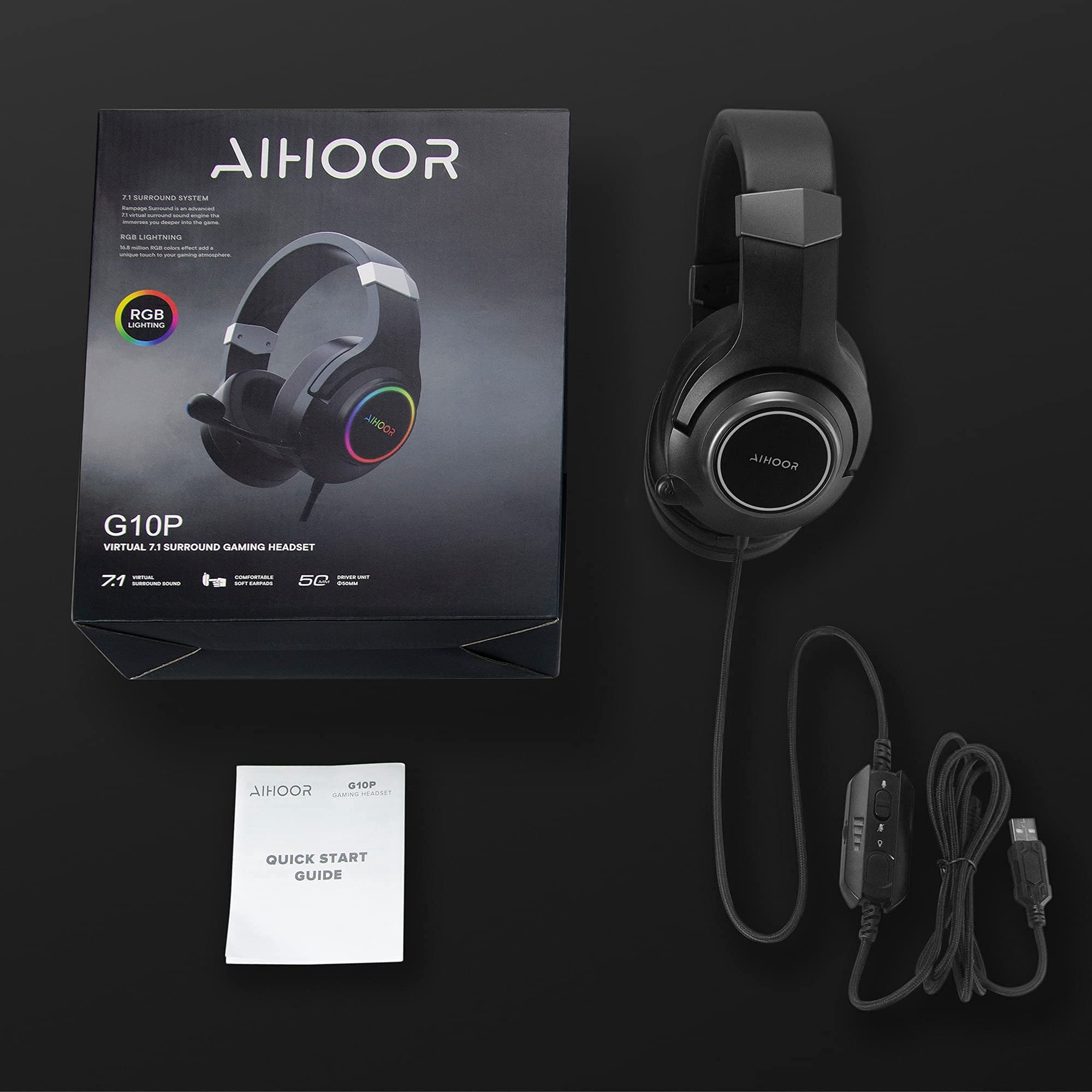 AIHOOR Gaming Headset with Virtual 7.1 Surround Sound,Over Ear Headphones,Noise Cancelling Microphone,Ultra-Low Latency Games & LED Light Soft Memory Protein Earmuffs for PC Mac Computer Games- Black