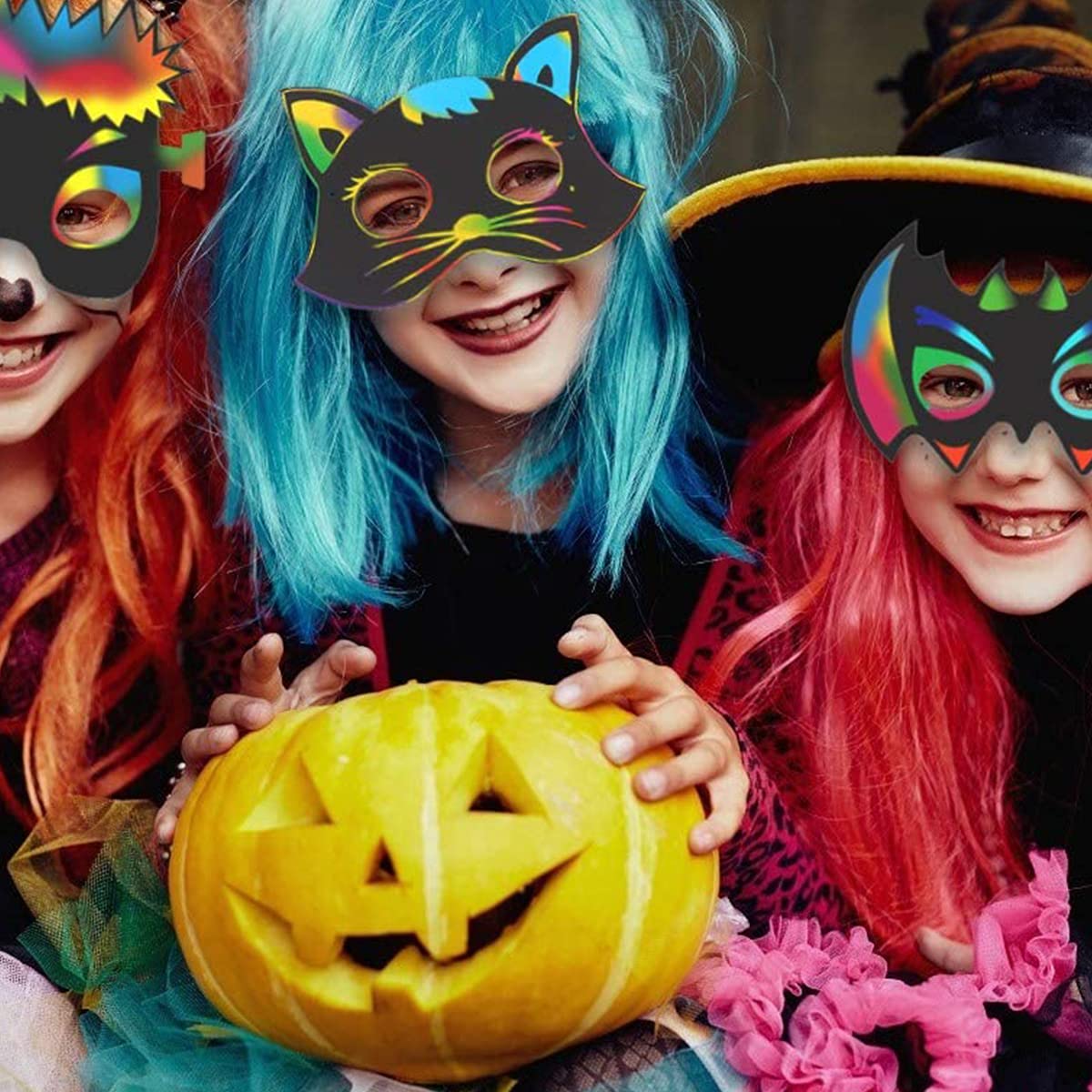 Fantasyon 36Pcs Halloween Scratch Paper Masks, Rainbow Scratch Paper Halloween Mask Craft Kit Skeleton Cat Witch Pumpkin Bat Mask Decorations for Animal Birthday Party Halloween Dress-Up DIY Gift