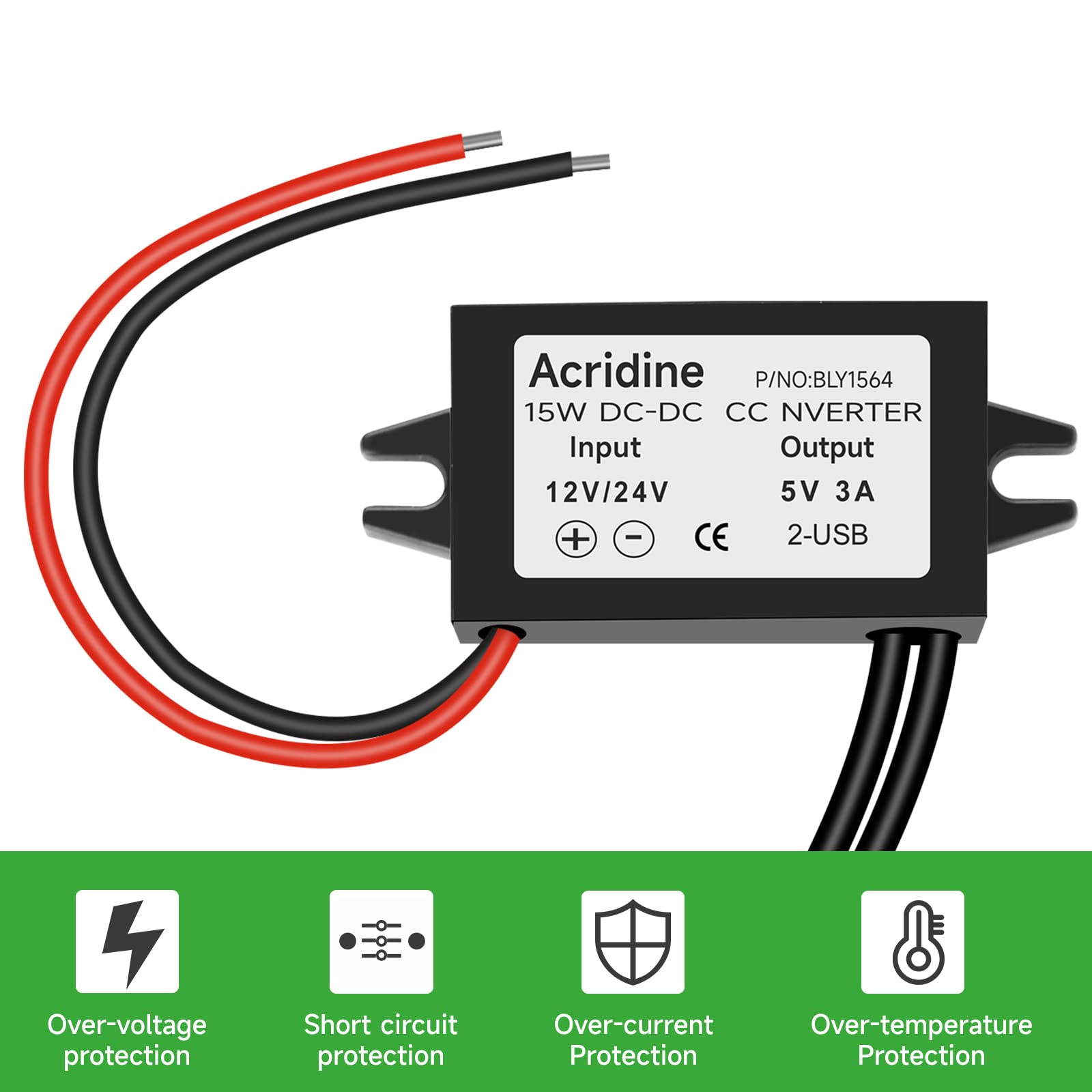 Acridine DC 12V 24V to 5V 3A Dual USB Female DC Converter Buck Charging Module Step-Down Power Adapter