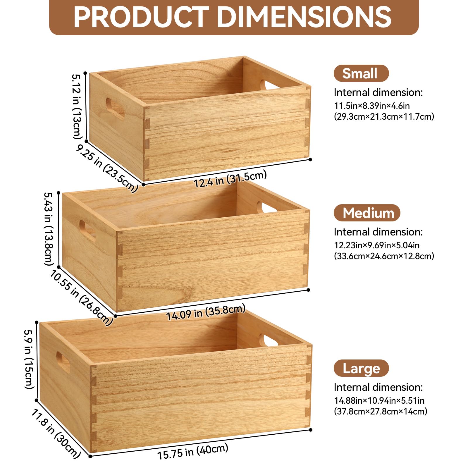 KIRIGEN Nesting Wood Crates with Handles Set of 3 - Farmhouse Decor Wooden Storage Containers/ Portable Rolling Tray Basket/ Crates Decorative Boxes Natural 3TH-NA