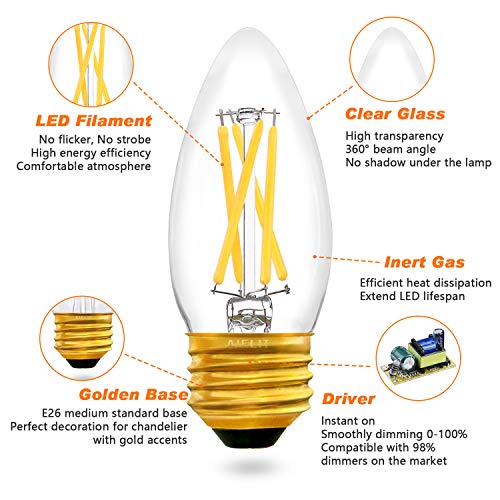 AIELIT LED Light Bulb Dimmable, 4W(40-Watt Equivalent) Soft White 3000K, B11 E26 Base LED Edison Bulbs for Hanging Pendant Wall Lamp Chandelier, 3-Pack
