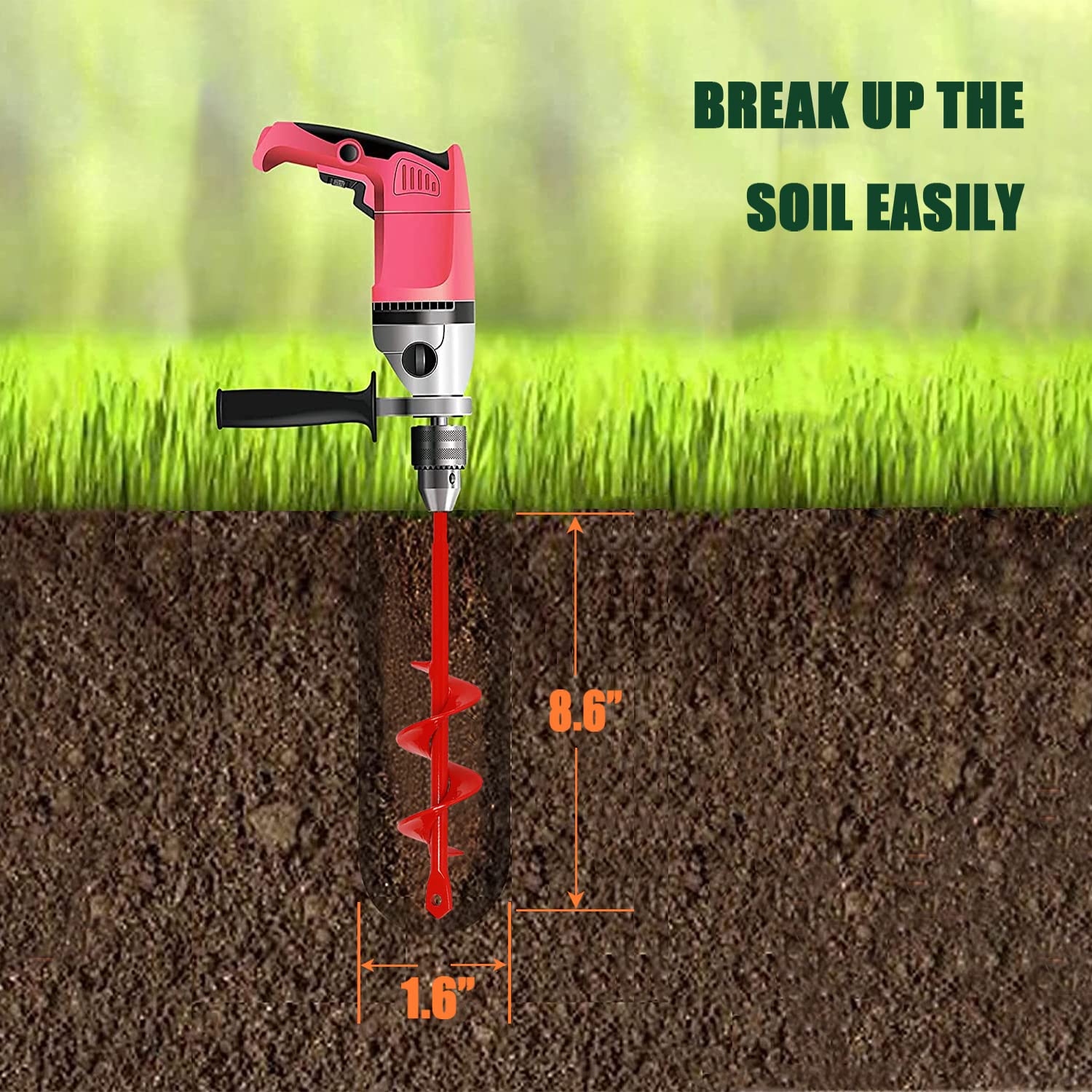Bit for Planting 1.6"(D) x8.6"(L), Garden Ground Earth Spiral Drill Bit for 3/8" Hex Drive Drill Auger Bulb Planter Drill Bit Post Hole Digger Solid Shaft Heavy Duty Auger Spiral Drill Bit