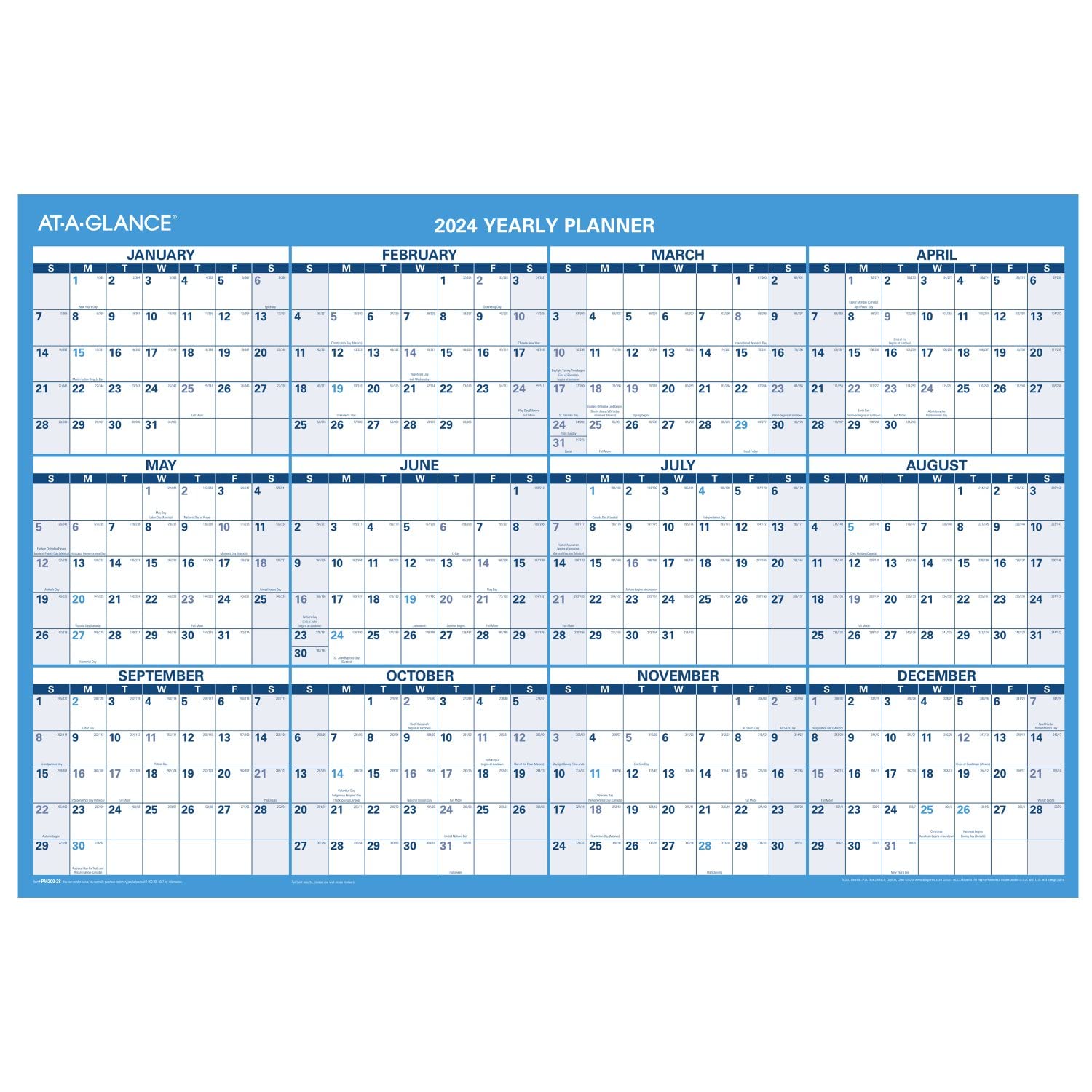 AT-A-GLANCE 2024 Erasable Calendar, Dry Erase Wall Planner, 36" x 24", Large, Horizontal, Reversible for Planning Space" (PM2002824)