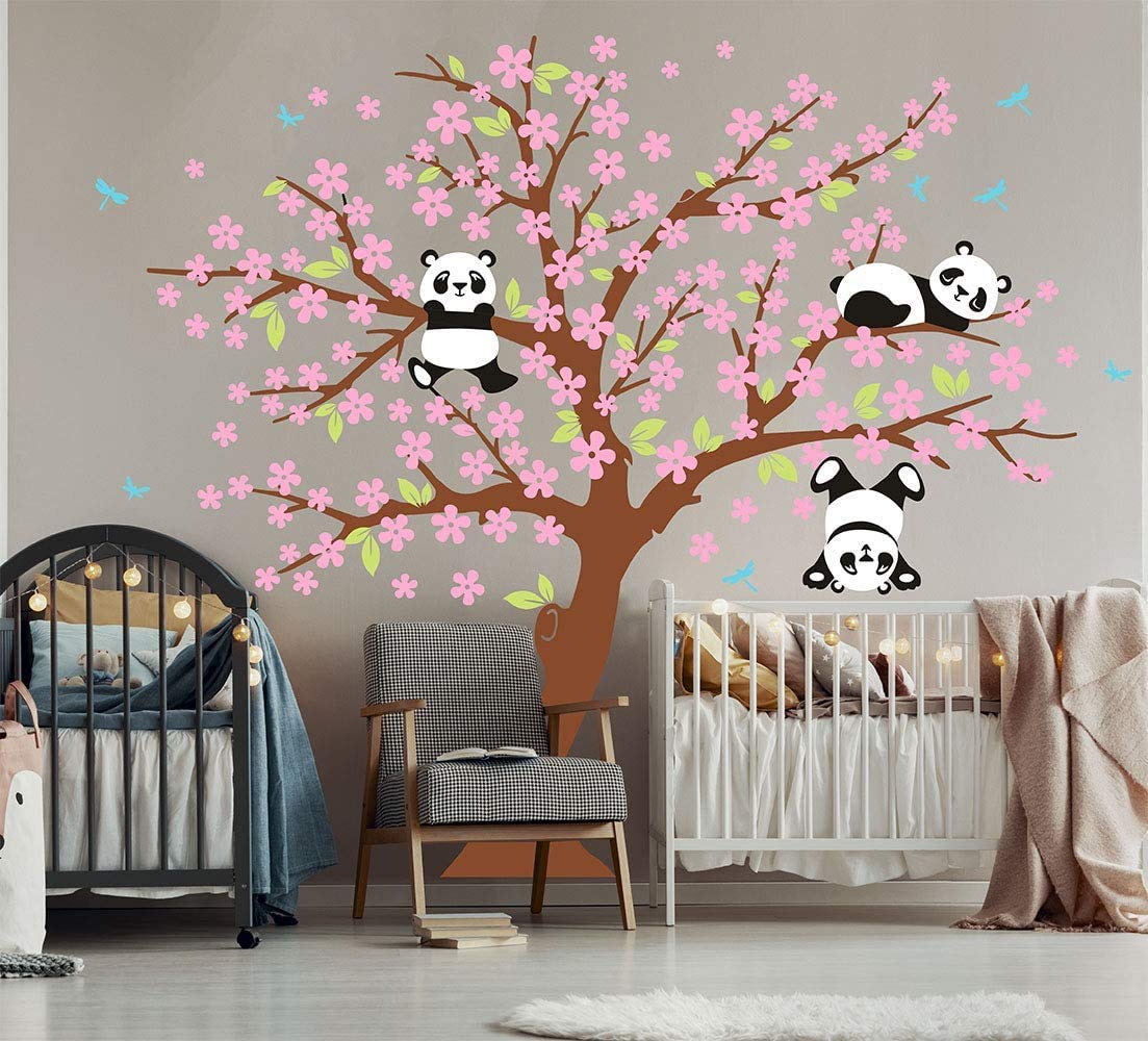 LUCKKYY Three Pandas Plying on Cherry Blossom Trees Branches Wall Decal Tree Wall Decal Tree Wall Sticker Nursery Bedroom Kid Baby Wall Decals Forest Mural Paper Nursery Vinyl Removable (Brownpink+)