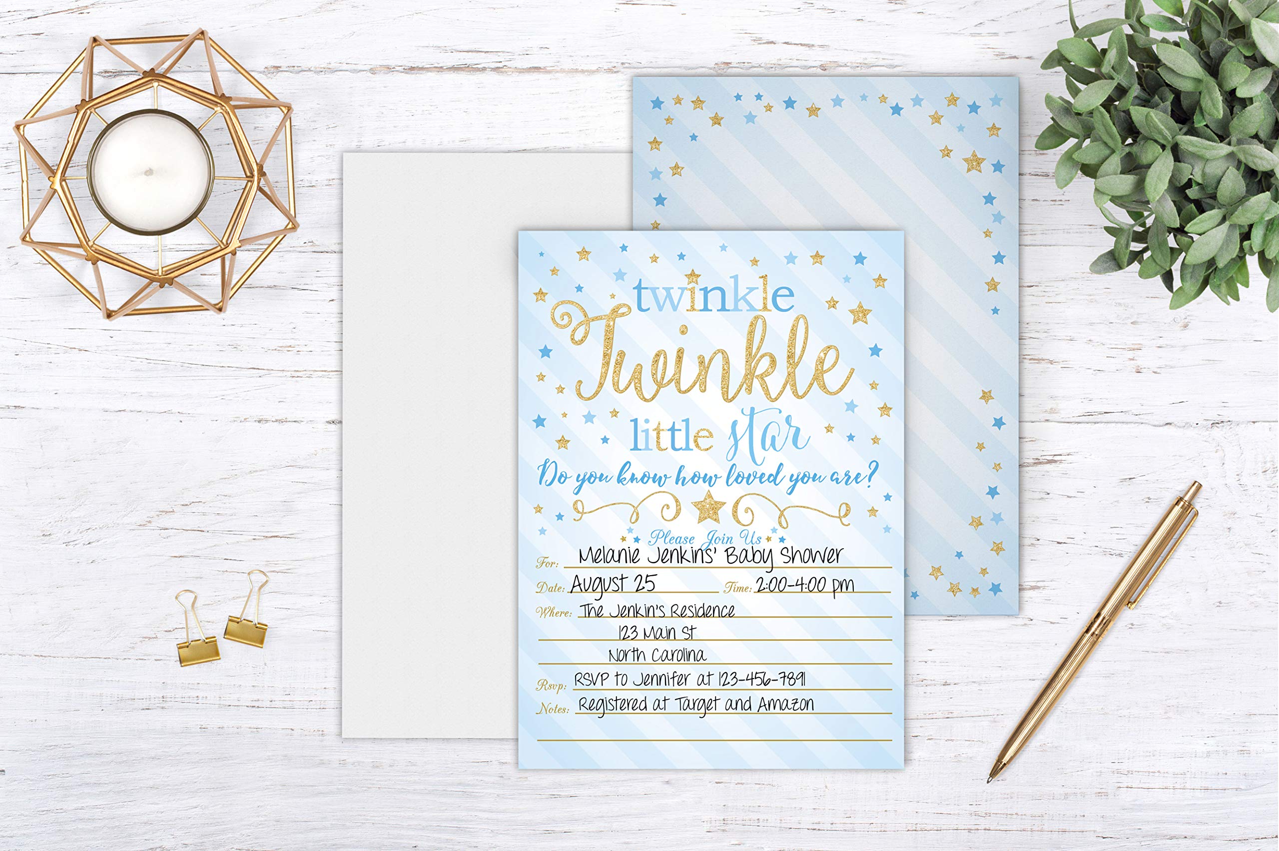 Your Main Event Prints Boy Twinkle Twinkle Little Star Baby Shower Invitations, Blue and Gold Twinkle Twinkle Little Star Boy Baby Shower Invites, 20 Fill in Style With Envelopes