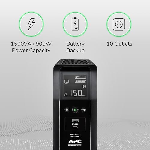 APC UPS 1500VA Sine Wave UPS Battery Backup, BR1500MS2 Backup Battery Power Supply, AVR, 10 Outlets, (2) USB Charger Ports