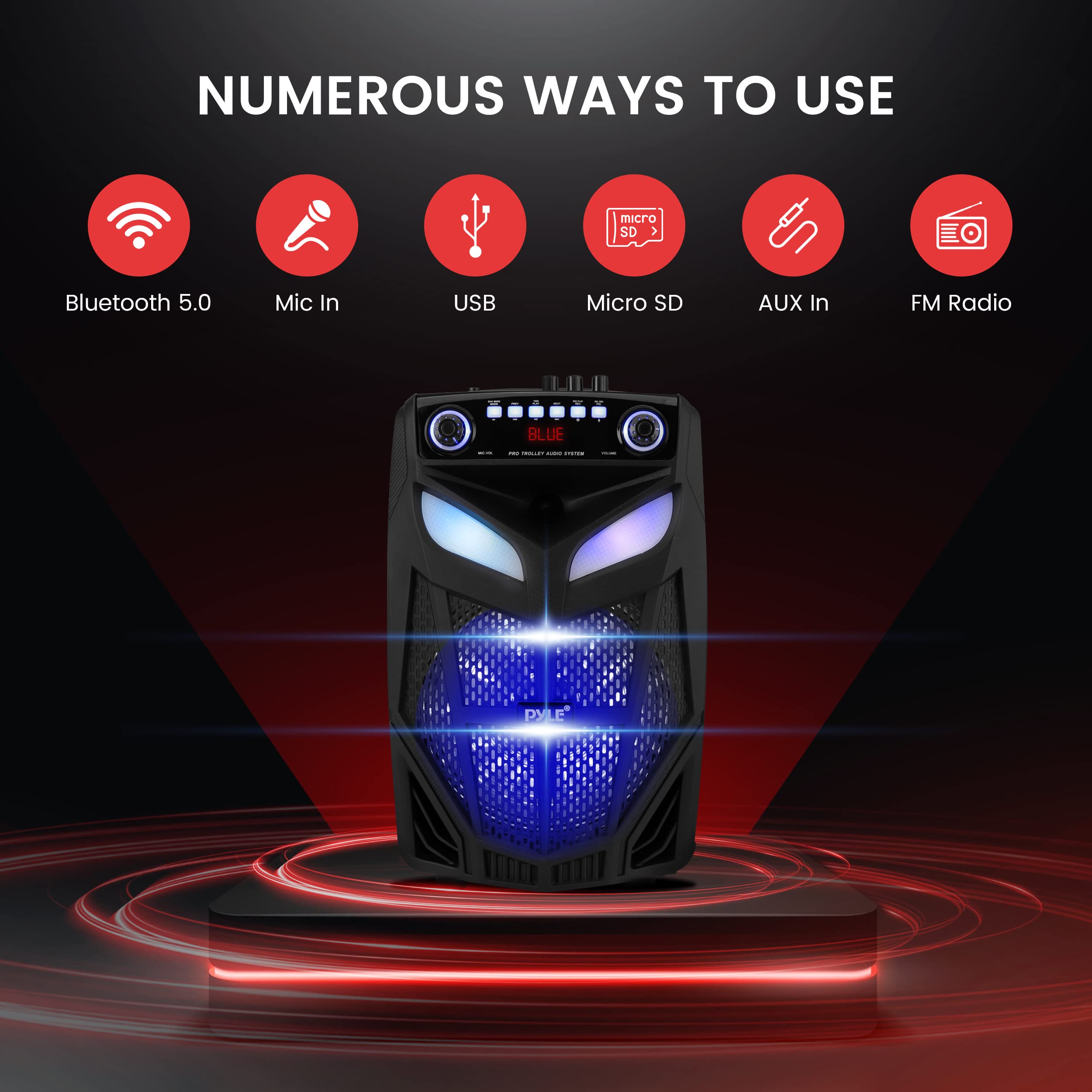 Pyle Portable Bluetooth PA Speaker System-600W 10β Indoor/Outdoor BT Speaker-Includes 2 Wireless Microphones, Party Lights, USB SD Card Reader, FM Radio, Rolling Wheels-Remote Control PPHP101WMB