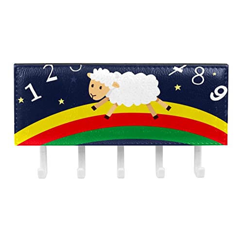Bed Time Sheep Rainbow Night Mail Holder Organizer and Key Hooks PU Front, Self Adhesive Key Rack with 5 Hooks Perfect for Entryway, Hallway,Bathroom ,Kitchen